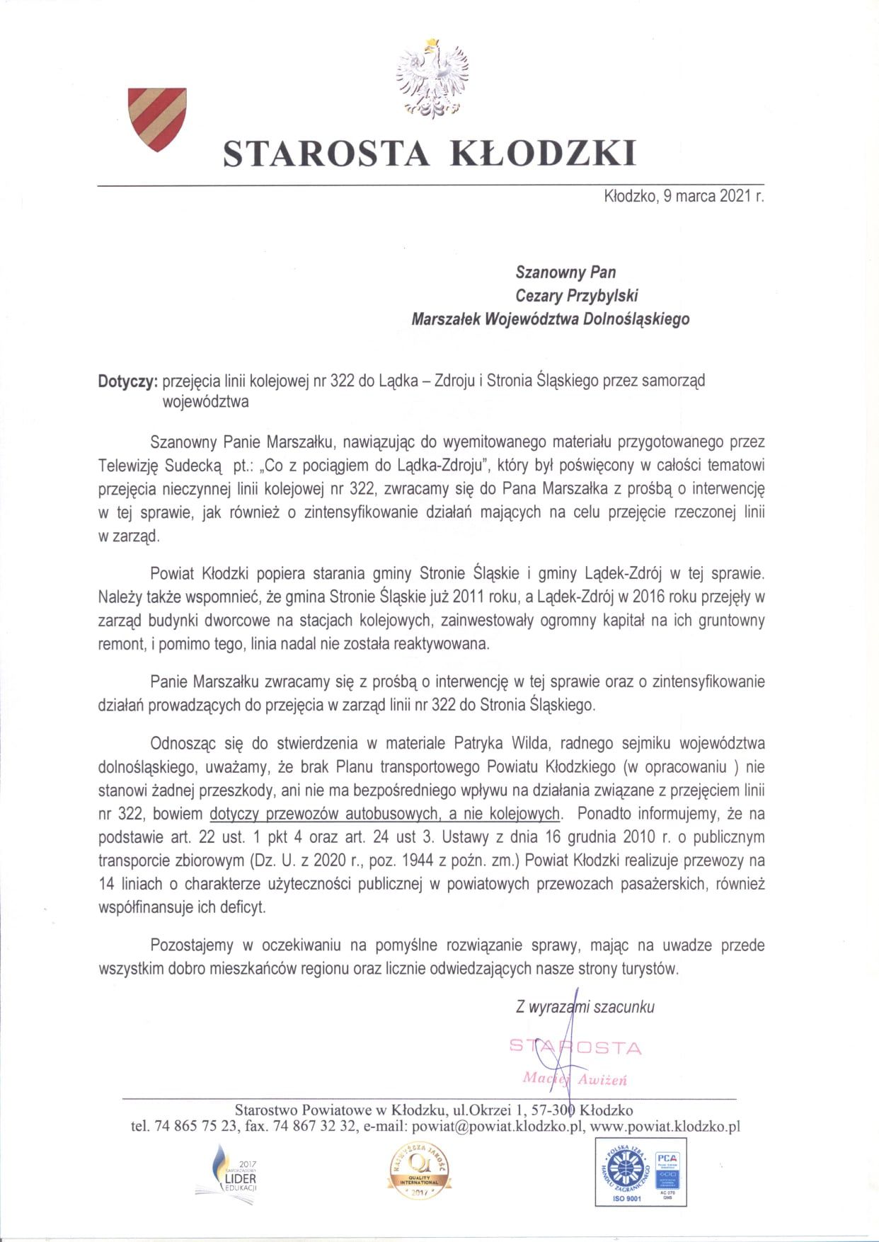 Pismo Starosty Kłodzkiego do Marszałka Województwa Dolnośląskiego ws. przejęcia linii kolejowej ...